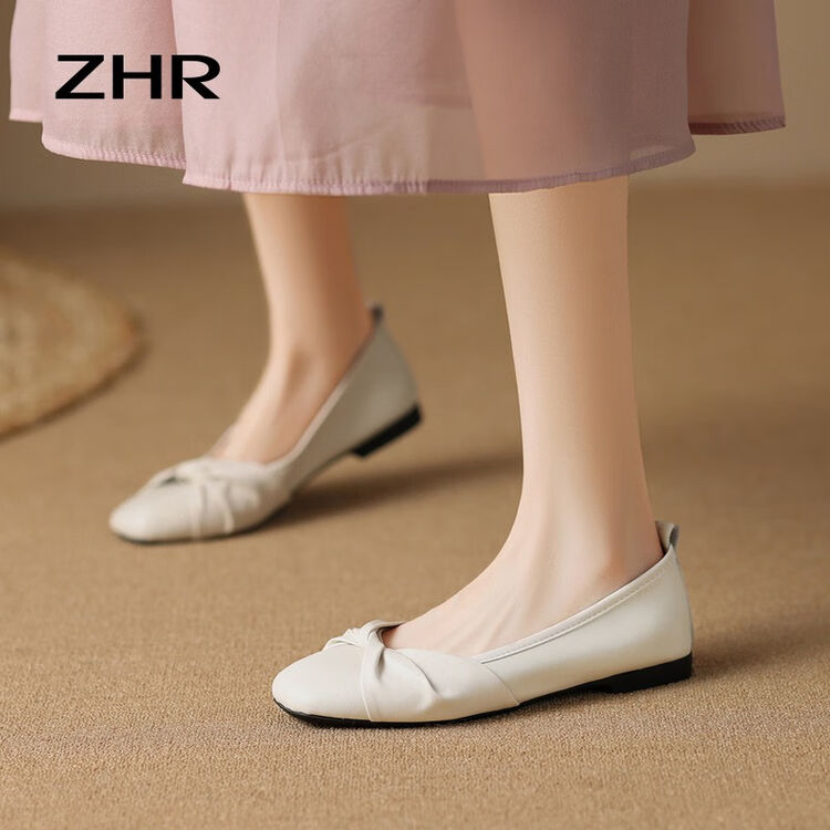 ZHR单鞋女夏季新品时尚交叉带褶皱浅口鞋子女气质舒适百搭包头女鞋 米色 35码【图片 价格 品牌 评论】-京东