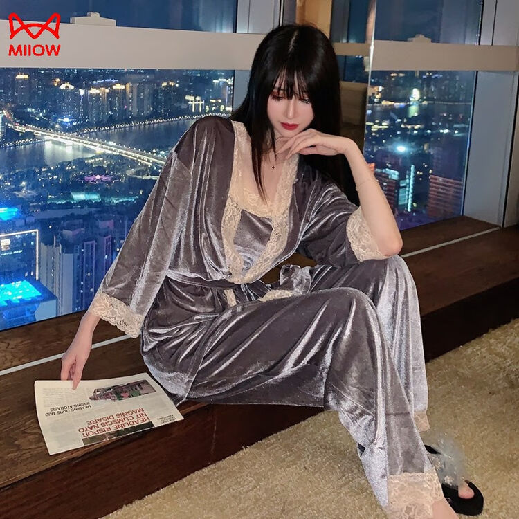 猫人（MiiOW）秋冬睡衣女三件套性感蕾丝宽松大码可外穿吊带睡袍金丝绒家居服春 灰色 M【图片 价格 品牌 评论】-京东