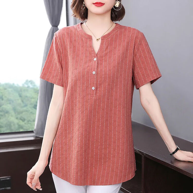 岩霓（YANNI）纯棉短袖衬衫女夏装2023新款洋气条纹v领上衣宽松衬衣服休闲减龄 砖红色 M【建议85-105斤】【图片 价格 品牌 评论】-京东