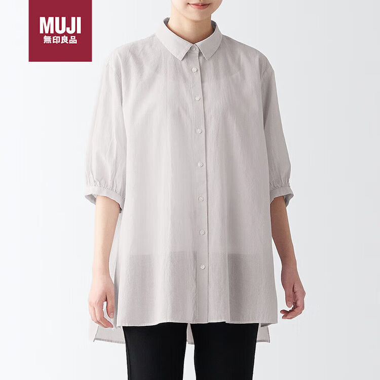 无印良品（MUJI）女式 强捻 五分袖束腰长上衣 BCJ51C3S 浅灰色 M 【图片 价格 品牌 评论】-京东