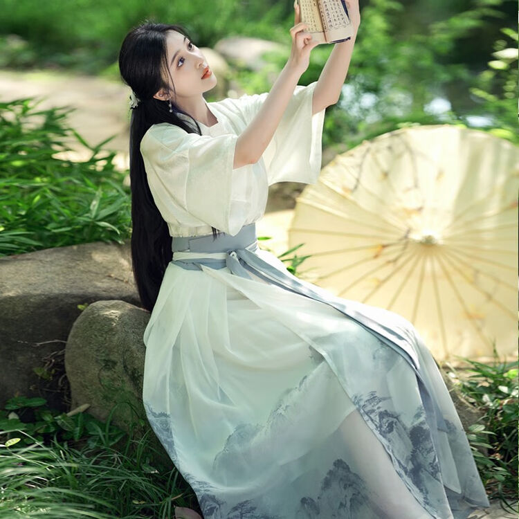 佩恩朵新中式汉服女一字扣宽松短袖衬衫定位山水渐变文艺复古马面裙套装 白色上衣+水墨马面裙 M(裙长99cm.上衣均码)【图片 价格 品牌 评论】-京东