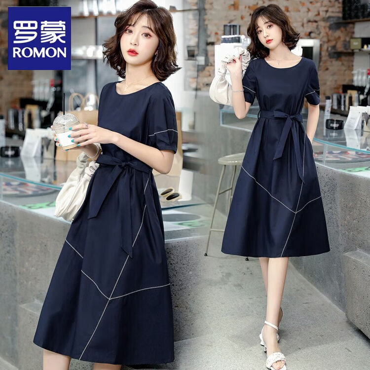 罗蒙（ROMON） 连衣裙女2023年夏季新款时尚女装圆领拼色收腰短袖中长A字裙子女 藏青色 XL (建议115-125斤)【图片 价格 品牌 ...