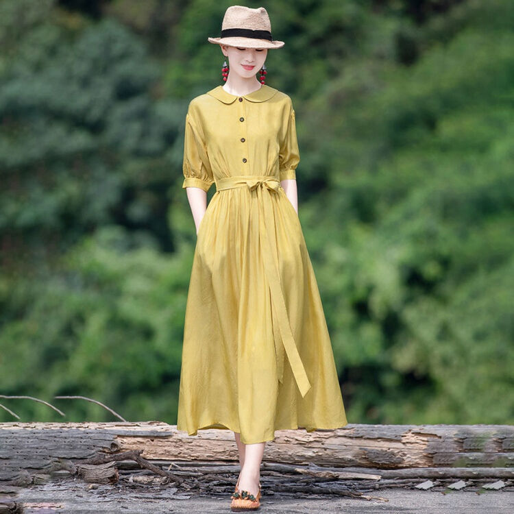 JIANYI素订棉麻女装连衣裙女2022新款黄色民族风夏季文艺复古气质系带收 黄色 M 【建议90-105斤】【图片 价格 品牌 评论】-京东