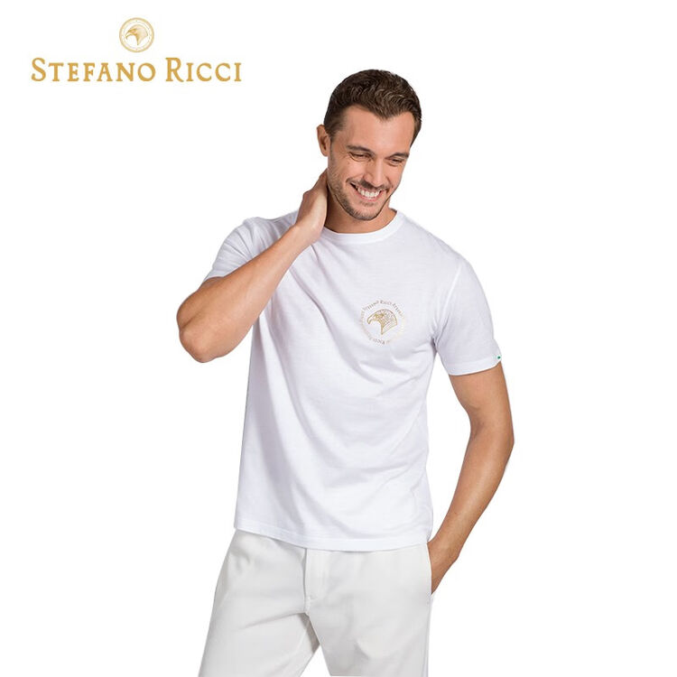 Stefano Ricci/史蒂芬劳.尼治男装 23春夏全棉鹰头短袖圆领T恤 白色 L【图片 价格 品牌 评论】-京东