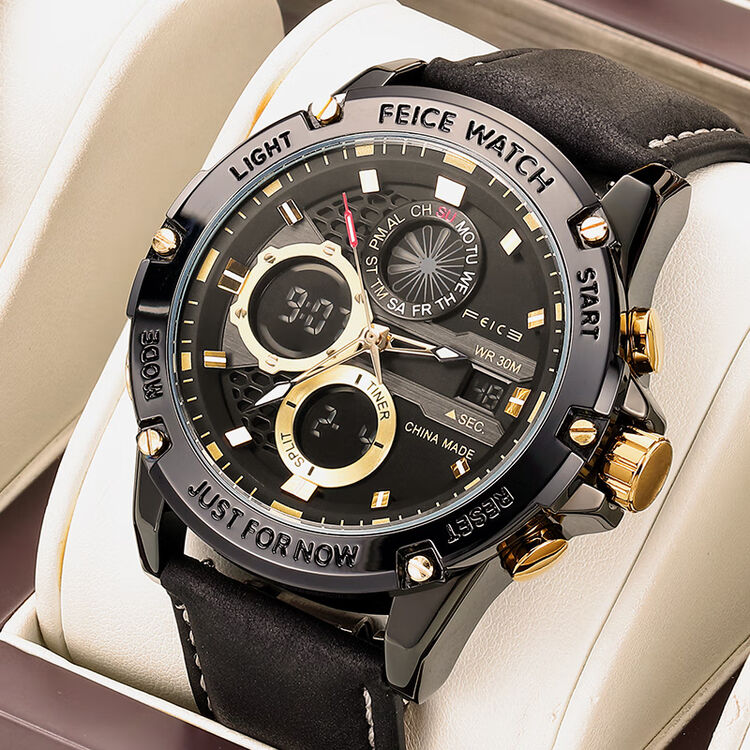 飞克（FEIKE）2023新款多功能男士手表男学生潮流夜光防水运动手表男礼物送男友 黑壳间金黑带【图片 价格 品牌 评论】-京东