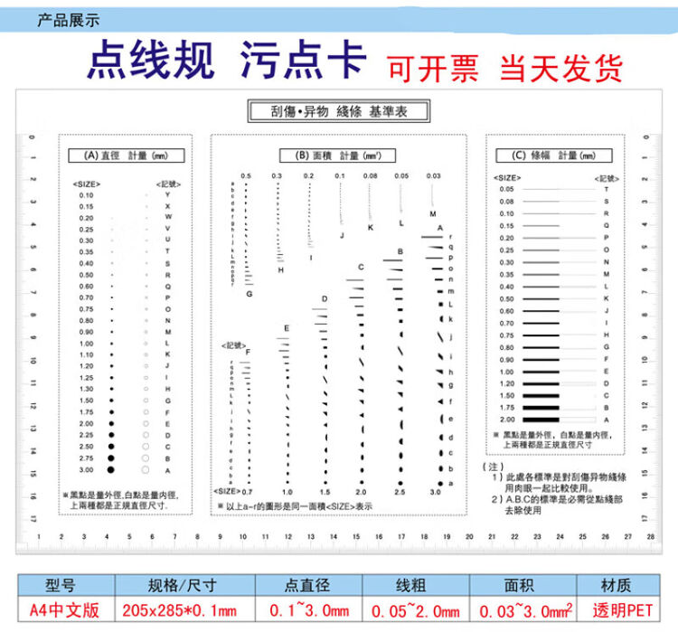 申然 污点卡 标准 点线规菲林尺比对卡片 外观检验规刮伤异物卡A4 中文小版加厚覆膜【图片 价格 品牌 评论】-京东