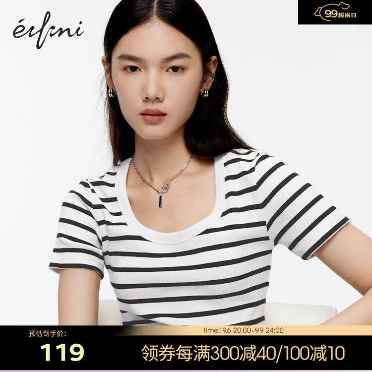 伊芙丽2023夏装新款弹力针织大领修身色织罗纹条纹短袖T恤女夏 白色 155/80A/S【图片 价格 品牌 评论】-京东