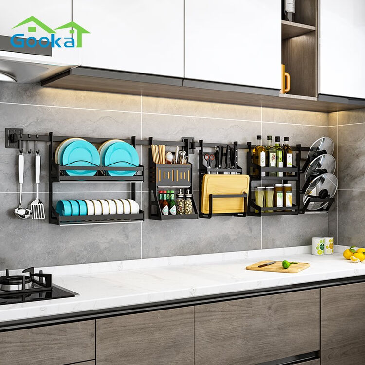 Gooka 免打孔厨房置物架壁挂调料架不锈钢刀架筷子架碗碟收纳挂架挂件 黑色KC29套餐（100cm杆+碗碟架+筷子笼）【图片 价格 品牌 ...