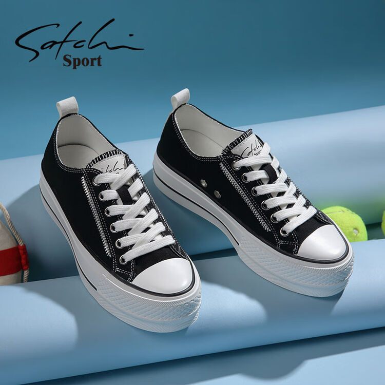 Satchi沙驰女鞋春季新款系带厚底休闲鞋时尚帆布鞋小白鞋女 黑色M0T933003A 35【图片 价格 品牌 评论】-京东