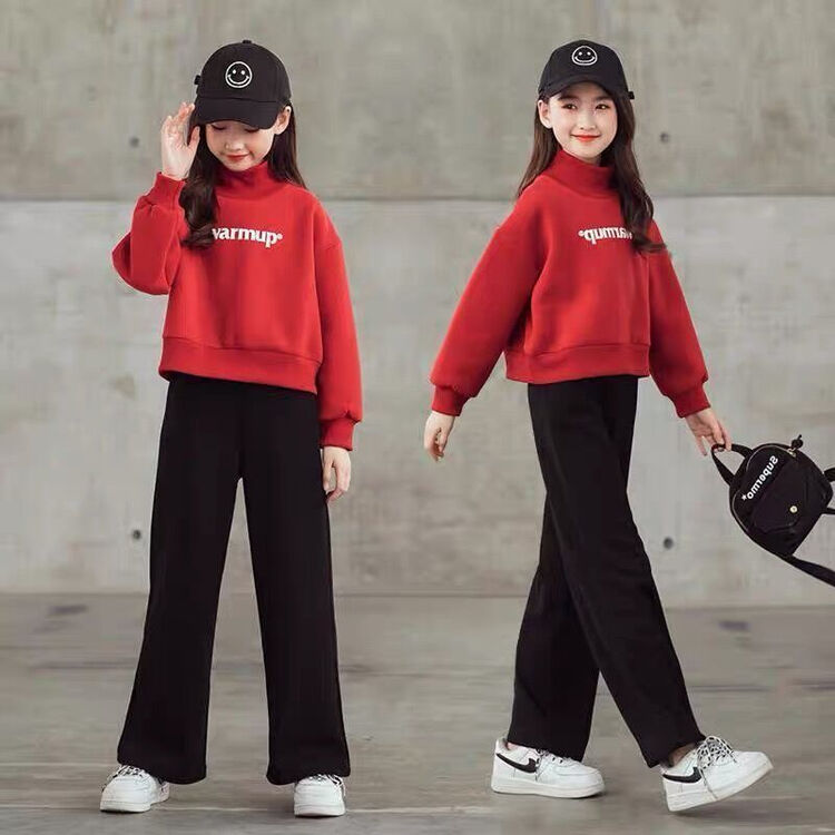 索菲熊童装女童套装儿童加绒秋冬装时尚中童女装大童女装春秋新款2021洋气网红女孩阔腿裤帅气运动两件套 红色 运动套装3043>小姑娘时装韩风中 ...