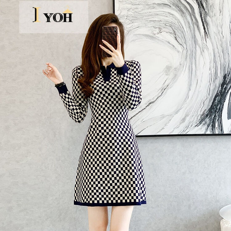 伊欧（IYOH）小香风经典复古小格子针织连衣裙女2022秋季新款名媛中长款打底修身显瘦A字毛衣裙 宝蓝色 S【图片 价格 品牌 评论】-京东