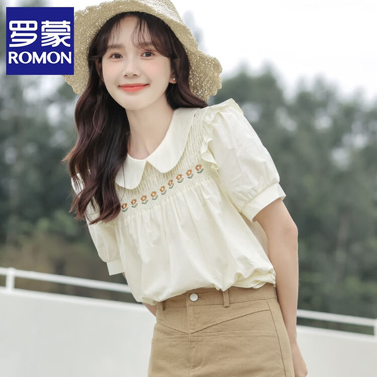 罗蒙（ROMON）夏季新款法式甜美娃娃领泡泡袖衬衣拼接短袖套头衬衫女小个子上衣 杏色 S【图片 价格 品牌 评论】-京东