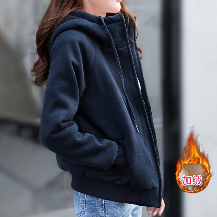 加绒加厚卫衣女冬季2022年新款秋冬短外套中青年宽松休闲百搭通勤显瘦连帽短款拉链开衫卫衣清雅若兰女装 藏青色-加绒 5XL 推荐155一170斤左右【图片 价格 品牌 评论】-京东