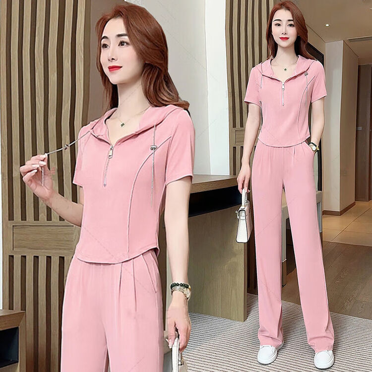 珂语瑶品牌短袖休闲运动套装女2023夏季新款小个子连帽T恤女裤子两件套 粉色【两件套】 M【80-99斤】【图片 价格 品牌 评论】-京东