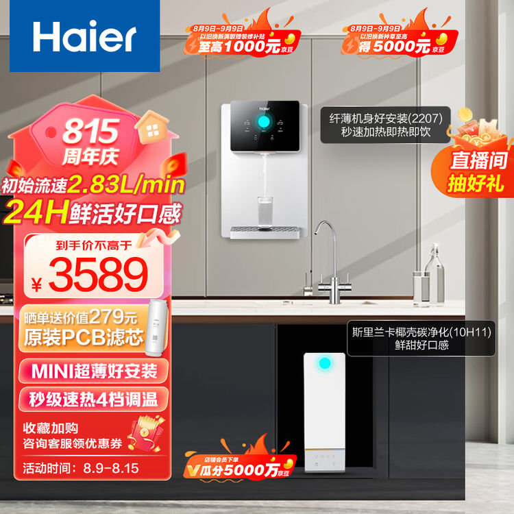 海尔（Haier）净水器家用净水机1000G大通量套装双出水厨下式RO反渗透直饮母婴直饮过滤器管线机10H11+HGR2207【图片 价格 品牌 评论】-京东