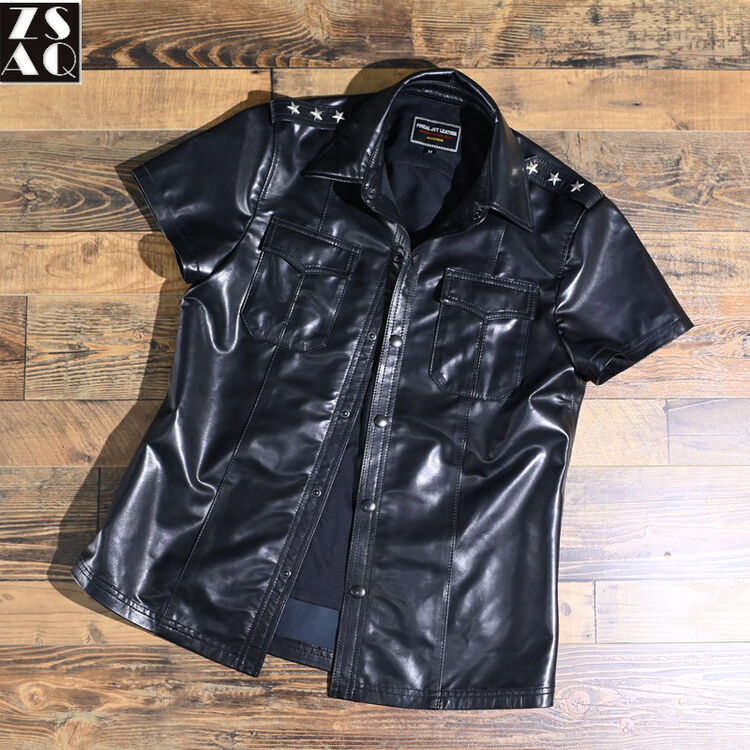 ZSAQ高端品牌男装头层绵羊皮衣复古修身短袖机车皮衬衫轻薄夏装真皮皮衣 黑色 S【图片 价格 品牌 评论】-京东