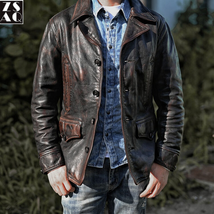 ZSAQ高端品牌男装真皮皮衣复古水洗做旧植鞣头层茶芯马皮调度员皮外套男 水洗缩水擦色做旧茶芯马皮 M【图片 价格 品牌 评论】-京东