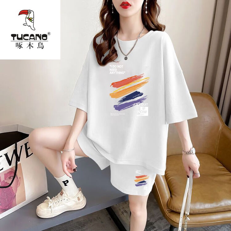啄木鸟运动套装女2023新款胖mm大码夏季韩版宽松短袖短裤休闲跑步两件套 白色（上衣+短 裤） M（80-100斤）【图片 价格 品牌 评论】-京东