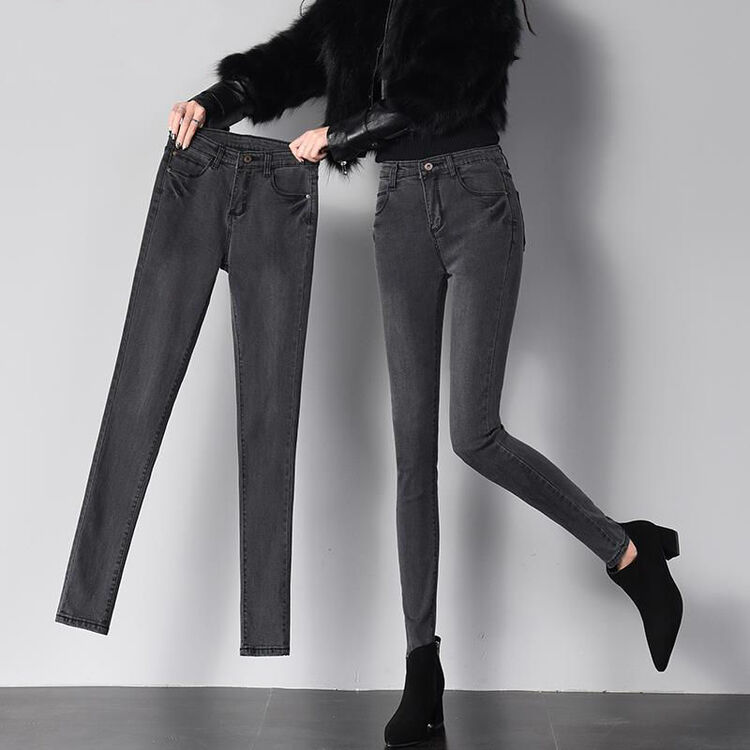 OIUO《高品质》加绒加厚保暖牛仔裤女弹力紧身显瘦高腰韩版冬季新款潮 烟灰色牛仔裤【薄款】 25码【建议70-80斤】【图片 价格 品牌 评论】-京东