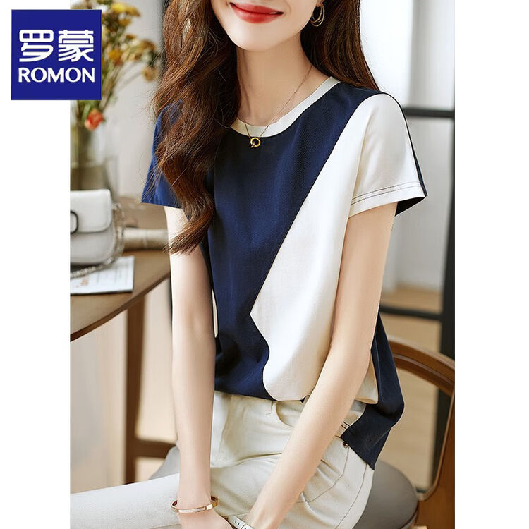 罗蒙（ROMON）t恤女短袖2023夏季女装新款韩版通勤百搭圆领撞色打底衫女士上衣 蓝色 L 建议106-115斤【图片 价格 品牌 评论】-京东