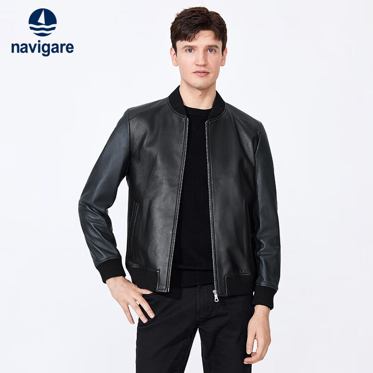 Navigare 意大利小帆船真皮皮衣男棒球领男装上衣羊皮拼色外套113670935 黑色 S/46 【图片 价格 品牌 评论】-京东