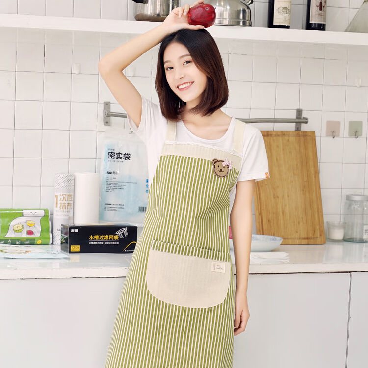 利得韩版棉麻厨房围裙 小熊双层防水围裙条纹小清新绿 厨房DIY小工具烘焙好物【图片 价格 品牌 评论】-京东