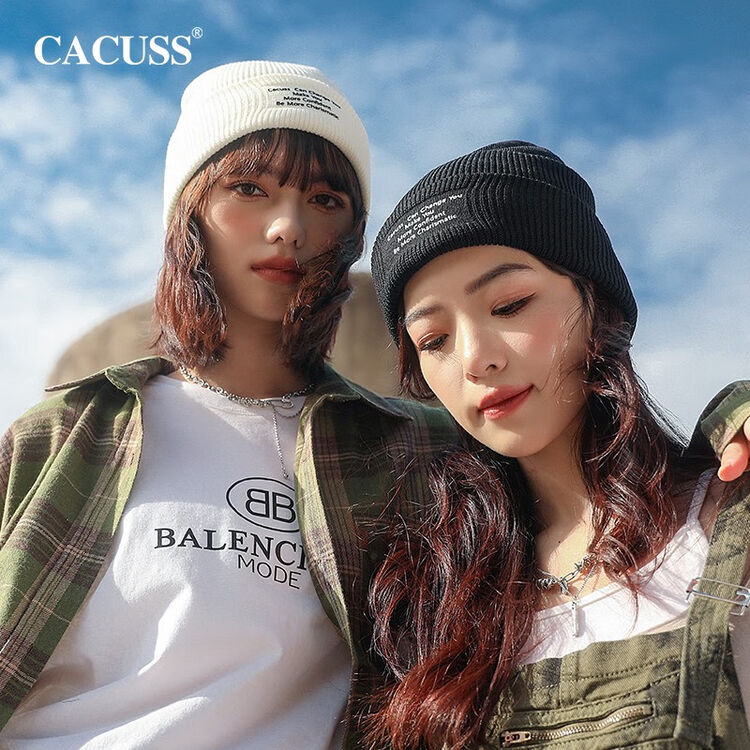 CACUSS帽子女冬季新款保暖毛线帽韩版百搭针织帽护耳防风包头帽休闲潮套头帽男Z0420-2922 黑色白字【图片 价格 品牌 评论】-京东