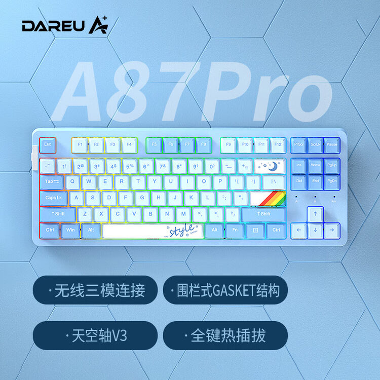 达尔优（dareu）A87pro无线三模客制化游戏机械键盘可插拔轴gasket结构PBT键帽87键RGB背光天空轴V3-天空版【图片 价格 品牌 评论】-京东