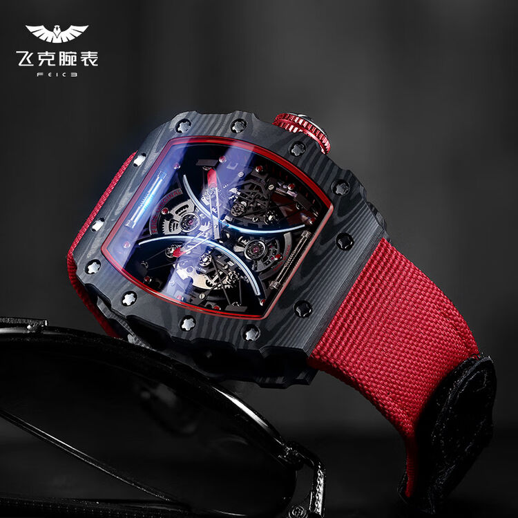 飞克（FEIKE） 新款手表男全自动机械手表男士时尚潮流定制镂空创意复古大表盘防水男表礼盒包装 黑壳红表带【图片 价格 品牌 评论】-京东