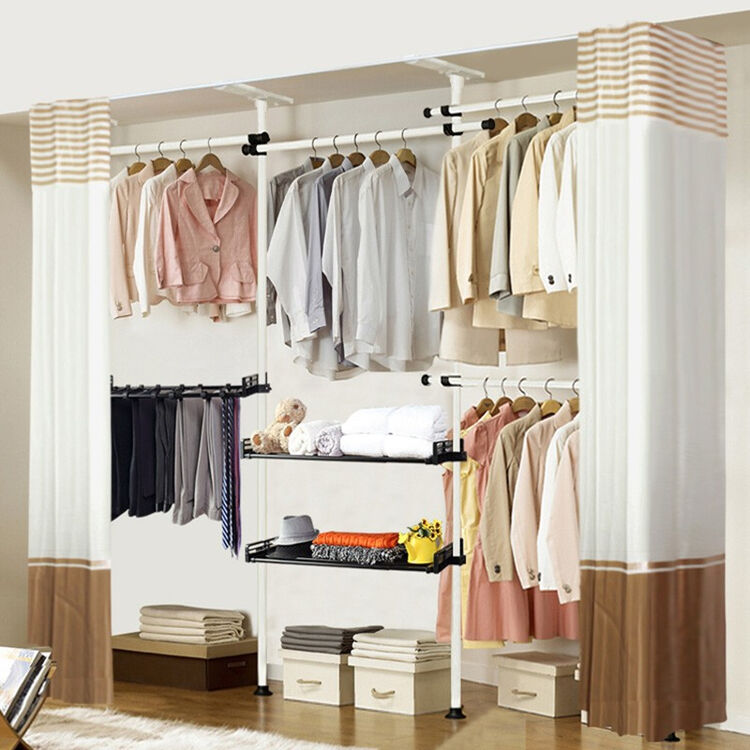 薛涛 布衣柜钢管组装简易衣柜钢架衣服柜收纳顶天立地韩式创意 4立4横2托盘1裤架(带轨道和米色帘)【图片 价格 品牌 评论】-京东