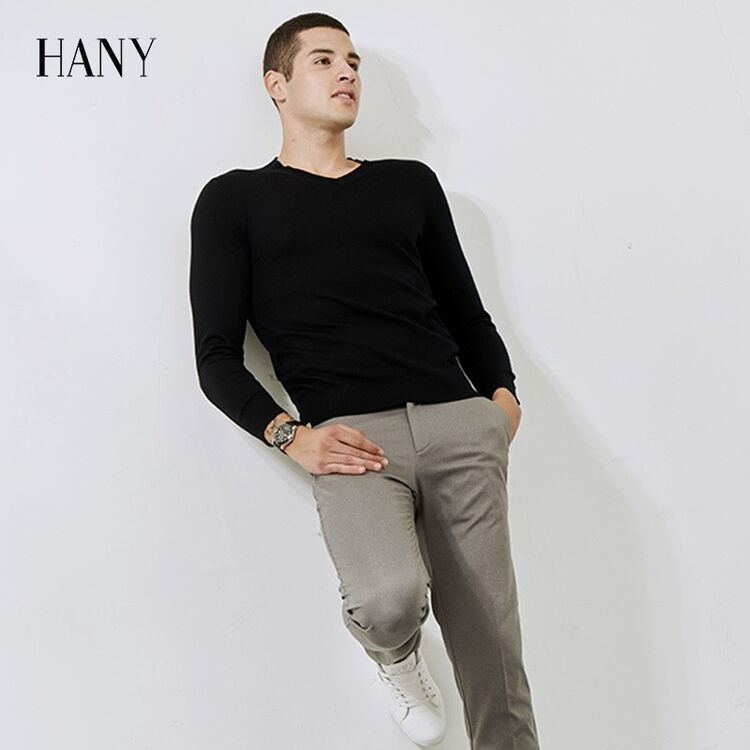 HANY汉尼新款V领进口100%纯羊毛衫男士黑色长袖套头针织毛衣 科帝尔黑 V领 S【图片 价格 品牌 评论】-京东