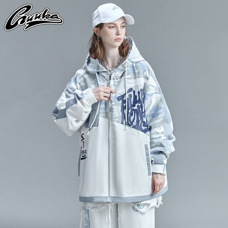 GUUKA潮牌迷彩水印拼接夹克女2021秋冬新款中性风嘻哈情侣喷漆logo印花多袋工装夹克外套宽松 白色 S【图片 价格 品牌 评论】-京东