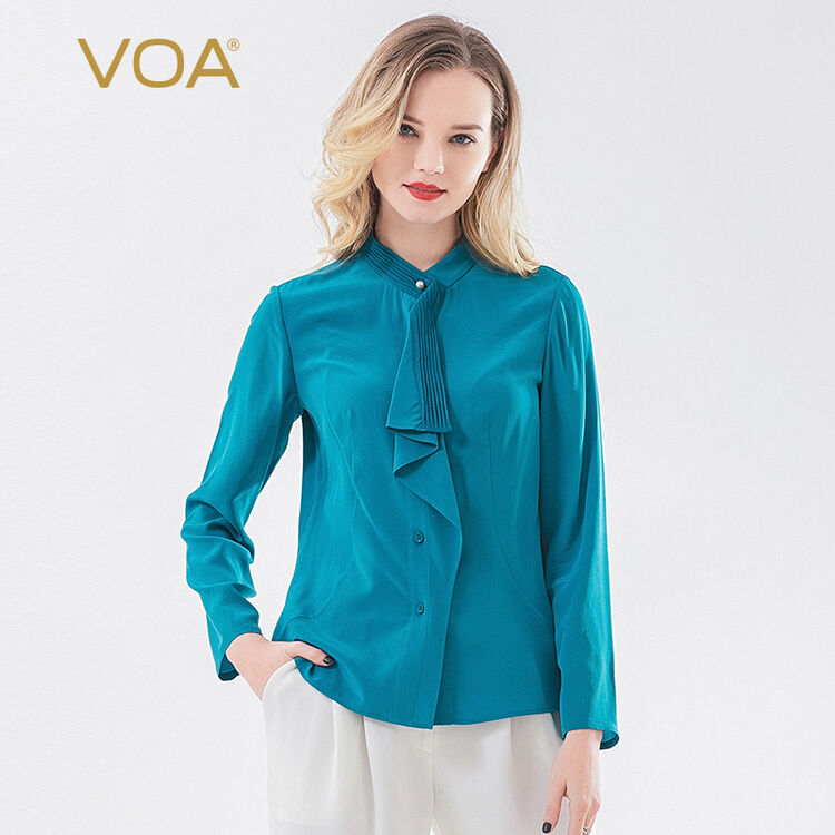 VOA青蓝色双绉立领拼接荷叶边珍珠扣知性长袖真丝衬衫女 B9397 雨后靛青蓝（Q07） 170/XL【图片 价格 品牌 评论】-京东