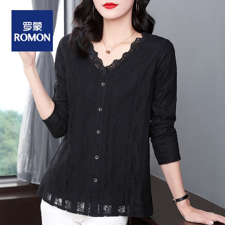 罗蒙(ROMON)轻奢高档女装 大I码蕾丝打底衫女时尚洋气小衫2022新款黑色中长款长袖T恤女春秋装 黑色 M【图片 价格 品牌 评论】-京东