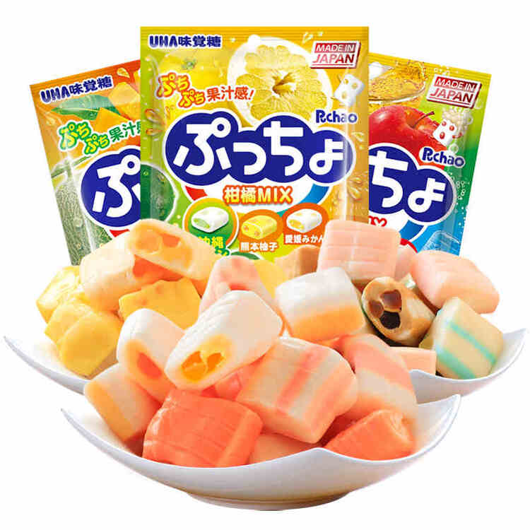 UHA悠哈普超什锦软糖90g*3袋（口味随机）味觉糖PUCHAO QQ橡皮糖 平安夜圣诞礼物 水果味+碳酸味+柑橘味什锦软糖组合装【图片 价格 品牌 评论】-京东